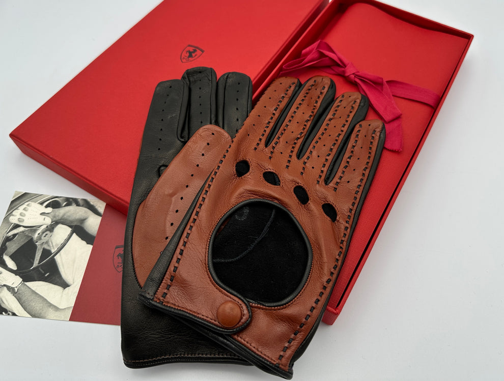 Ferrari Brown and Black Leather Driving Gloves, Racing Gloves – Size S
